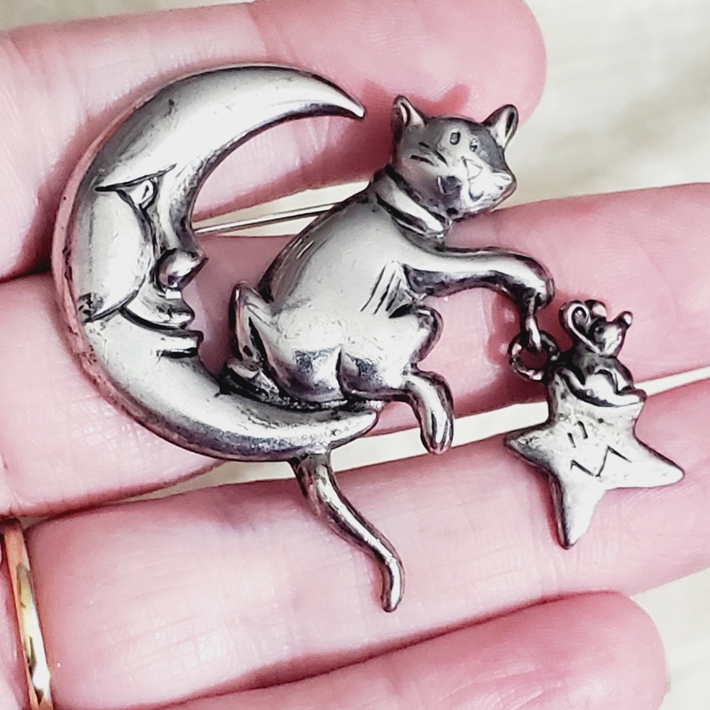 Vintage K&K Silver Cat Mouse Moon Star Brooch Pin Art… - Gem